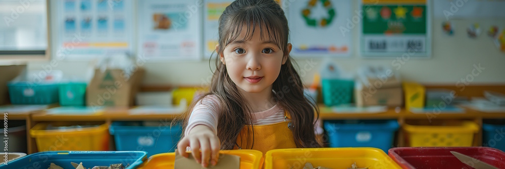 Young girl placing a cardboard in recycling bin in a classroom ...