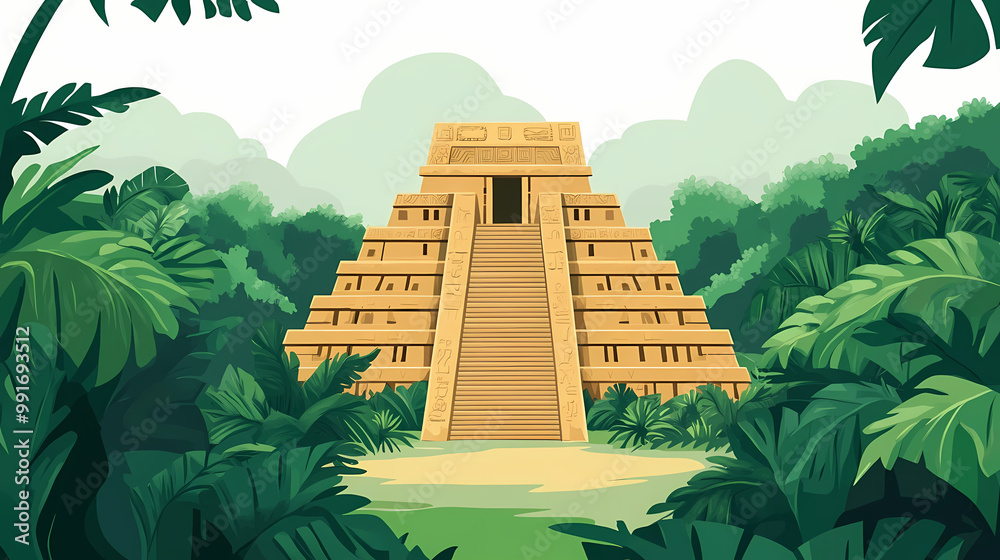 Aztec pyramid in lush jungle setting flat design front view ancient ...