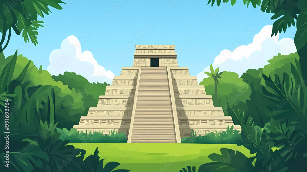 Aztec pyramid in lush jungle setting flat design front view ancient ...