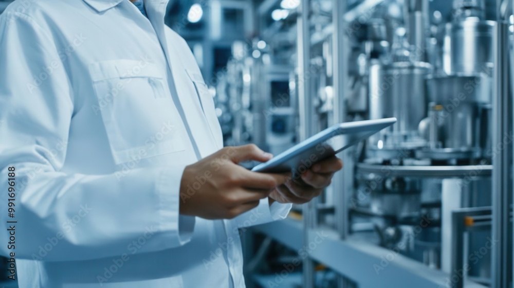 Worker using a tablet to monitor production quality from a control room ...