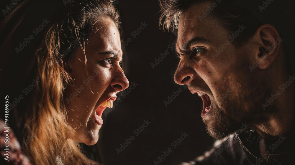 Couple locked in fierce verbal battle, shouting at each other. Profile ...