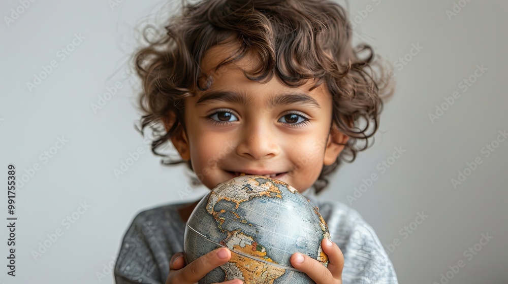 Curly-haired child smiling while holding a small globe, symbolizing ...