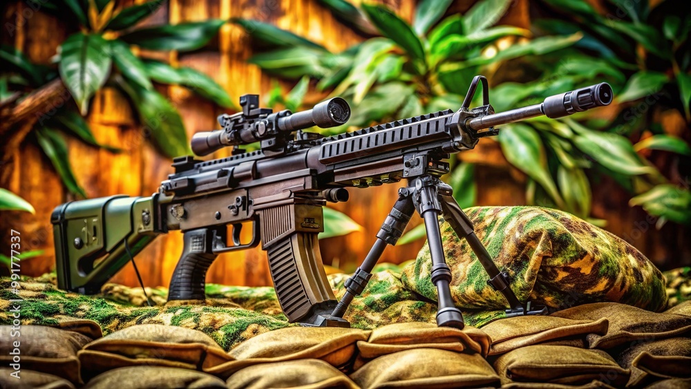 M249 Light Machine Gun in Military Setting with Camouflage Background ...