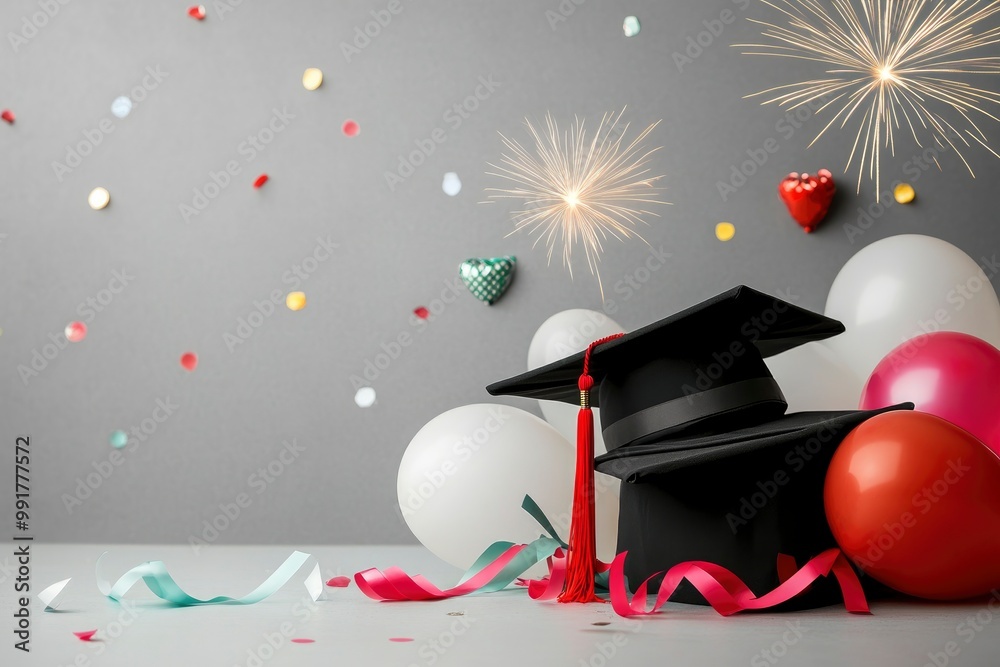 Graduation background with balloons, graduation caps, ribbons and ...