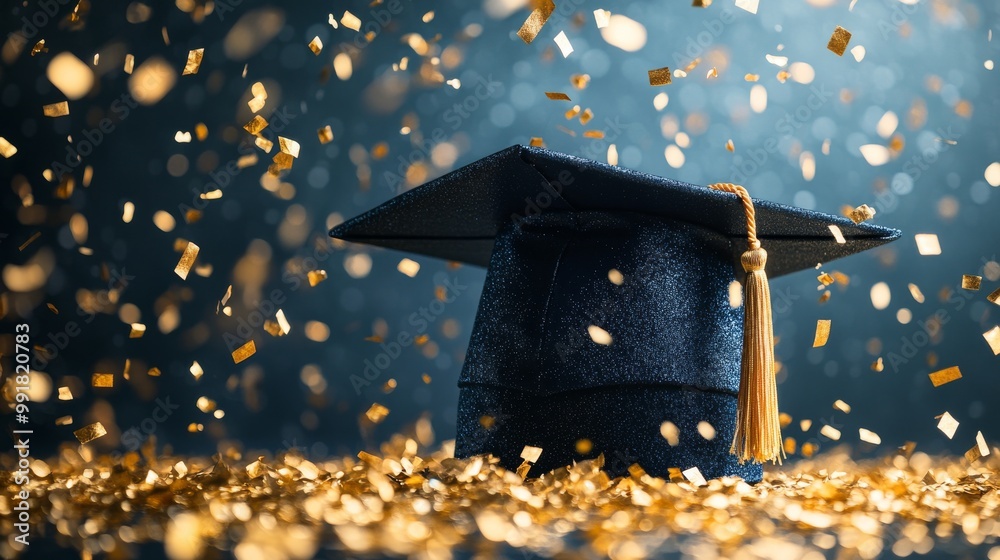 Graduation Cap with Confetti, Blue, Gold, Bokeh, Graduation ...