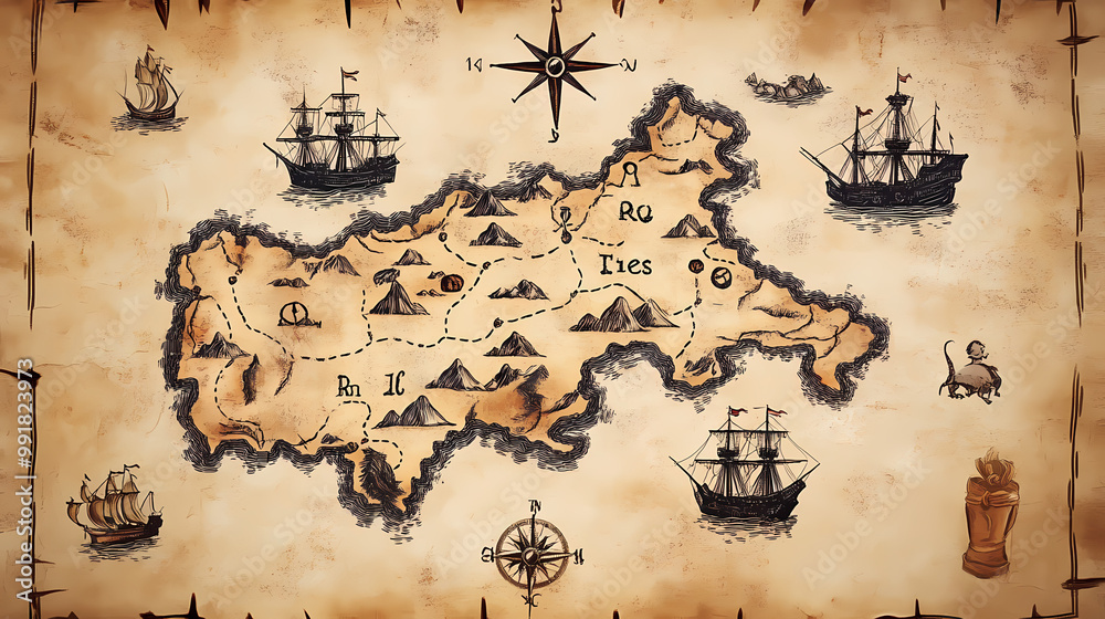 Pirate map with pirate ships, islands and nautical signs. drawing of an ...