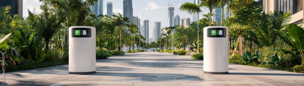 Modern waste bins in lush urban park with skyscrapers in background ...