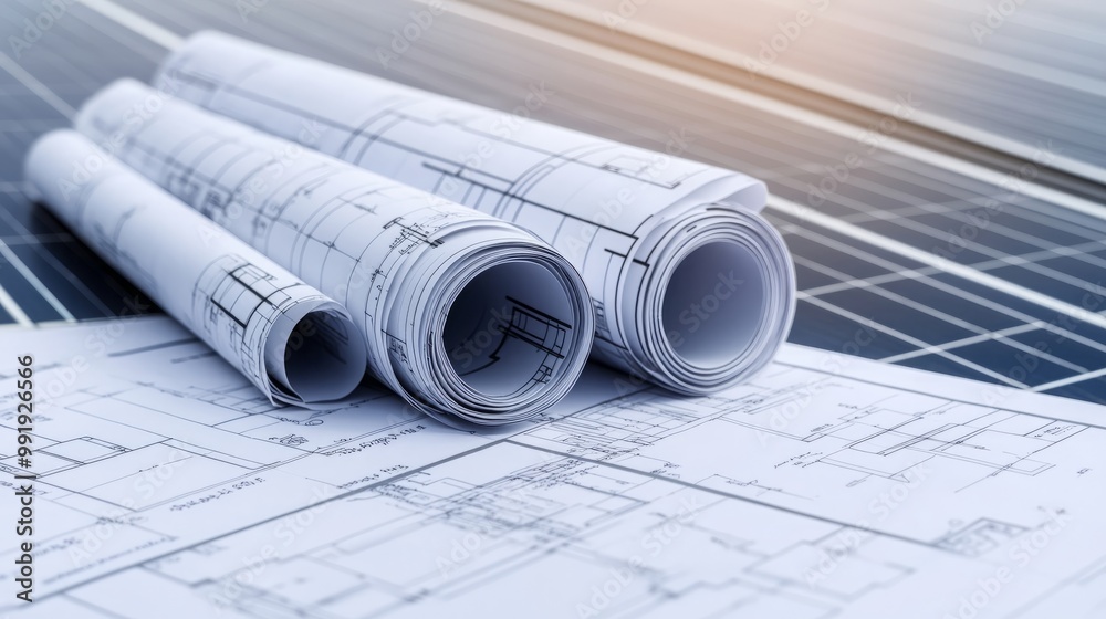 Construction project papers on solar panels background, green energy ...