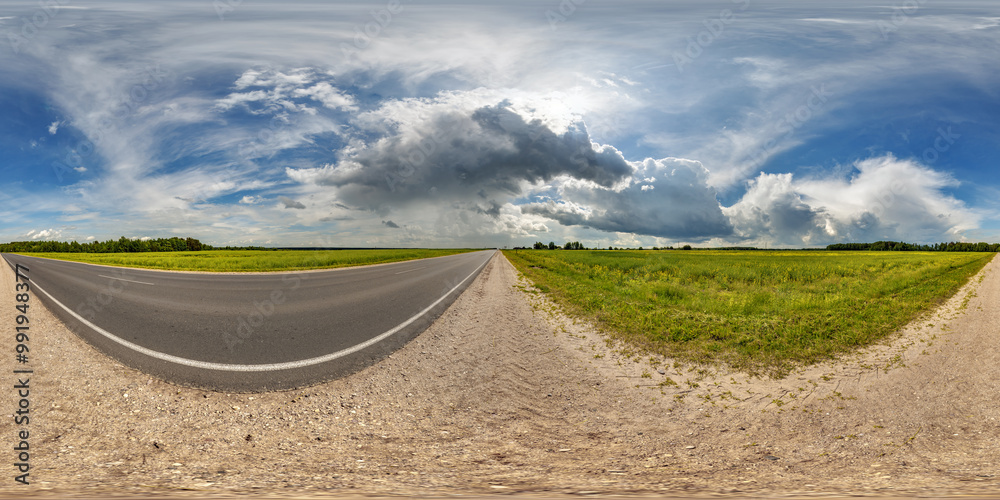 spherical 360 hdri panorama on side of asphalt road with rain storm ...