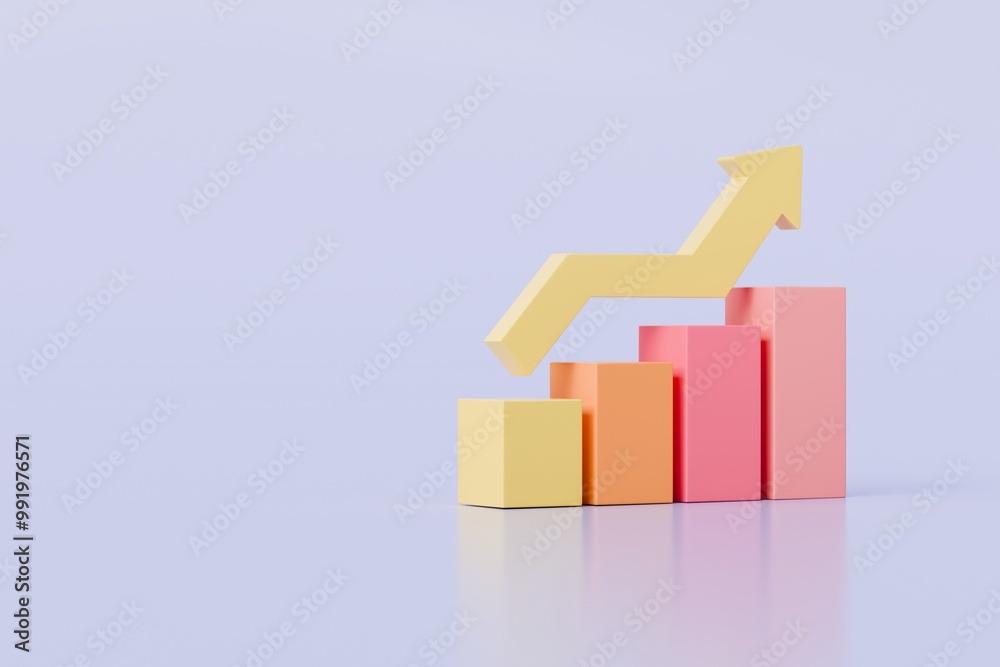 3D Bar Chart with arrow rising icon on isolated purple background ...