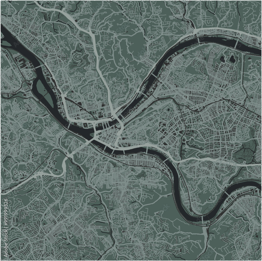 Map of Pittsburgh in Pennsylvania in a smooth dark style. Contains ...