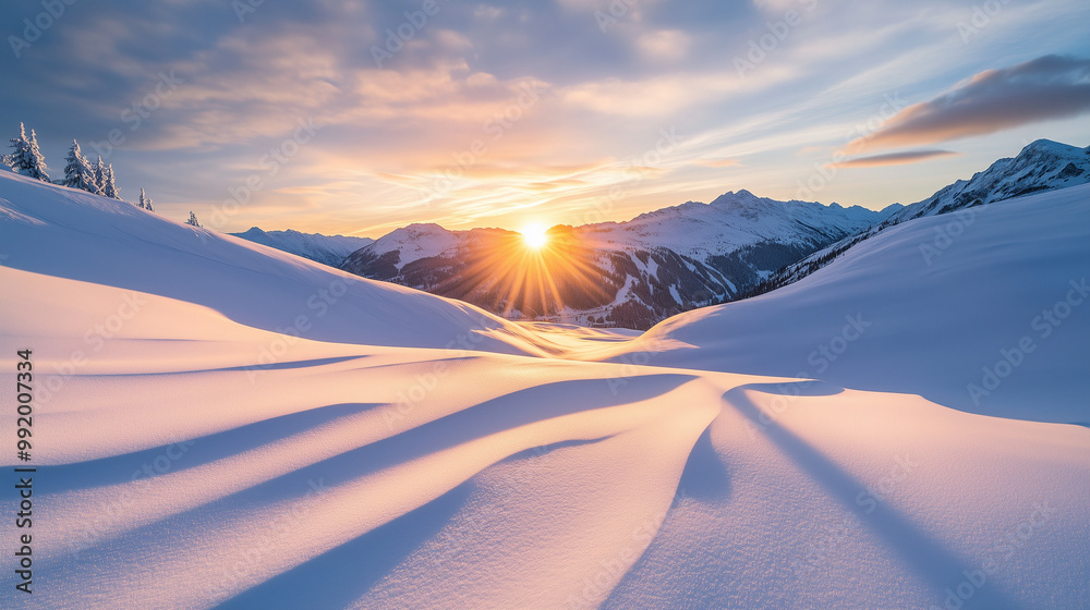 A bright winter sunrise over a vast snowy mountain range, casting long ...