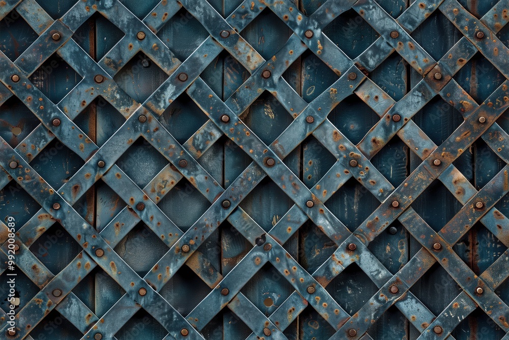 Seamless weathered blue metal grate lattice pattern, featuring diamond shapes and rusted bolts ...