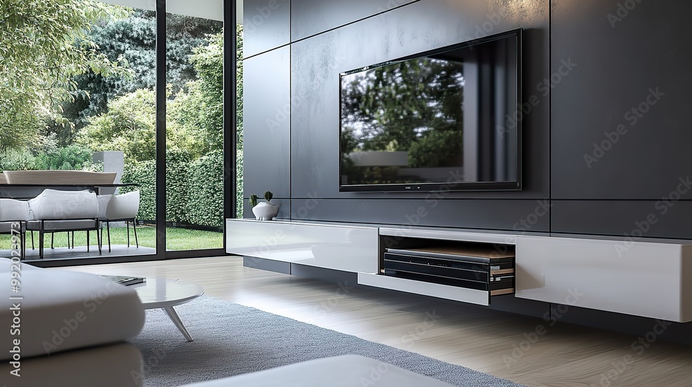 Floating modern TV stand with a hidden drawer system and a glossy ...