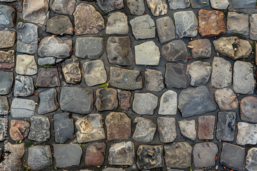 Cobblestone stone road pavement featuring various shapes and colors of ...