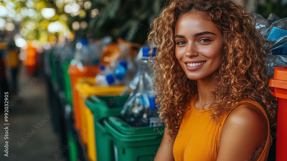 People placing recyclable items into their proper bins, making a small ...