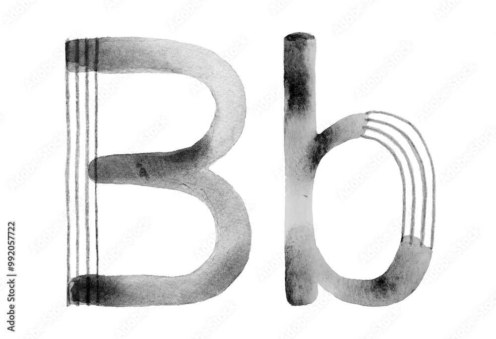 Handcrafted black and white watercolor illustration of uppercase and lowercase letters "B" and ...