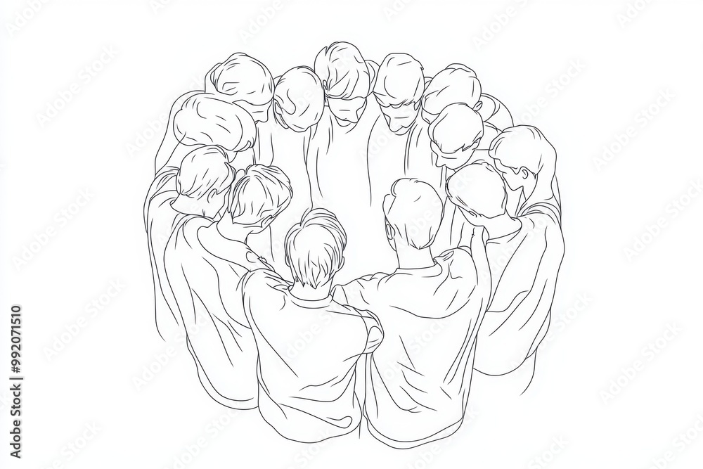 One-line drawing of team members huddled together, top view, white ...