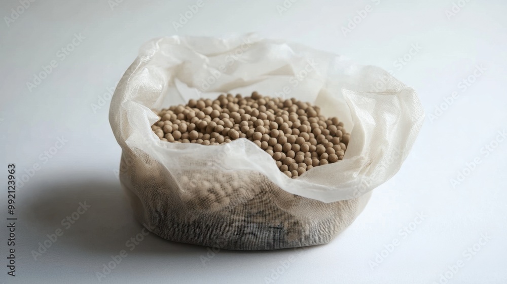 Design a scene featuring a folded sack of plastic pellets, with a focus ...