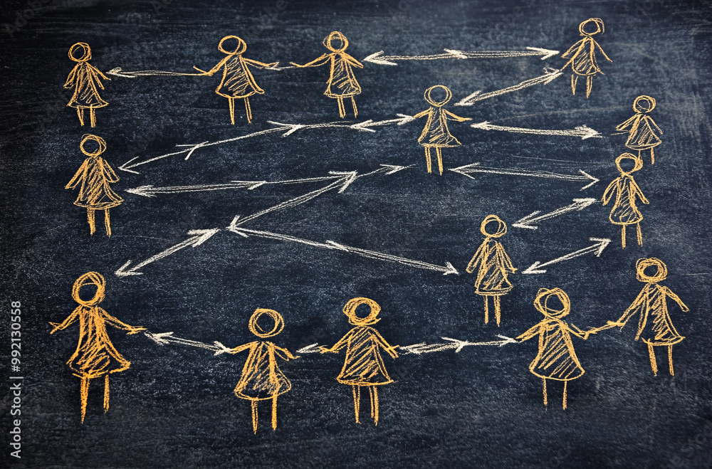 Hand-drawn stick figures on a chalkboard showing connections and social ...