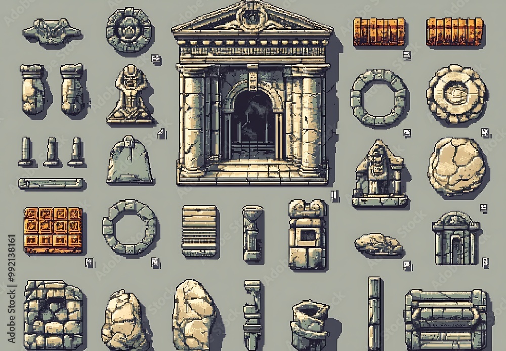 2D Pixel Art Sprite Sheet, Ancient Ruins & Building Elements for Game ...