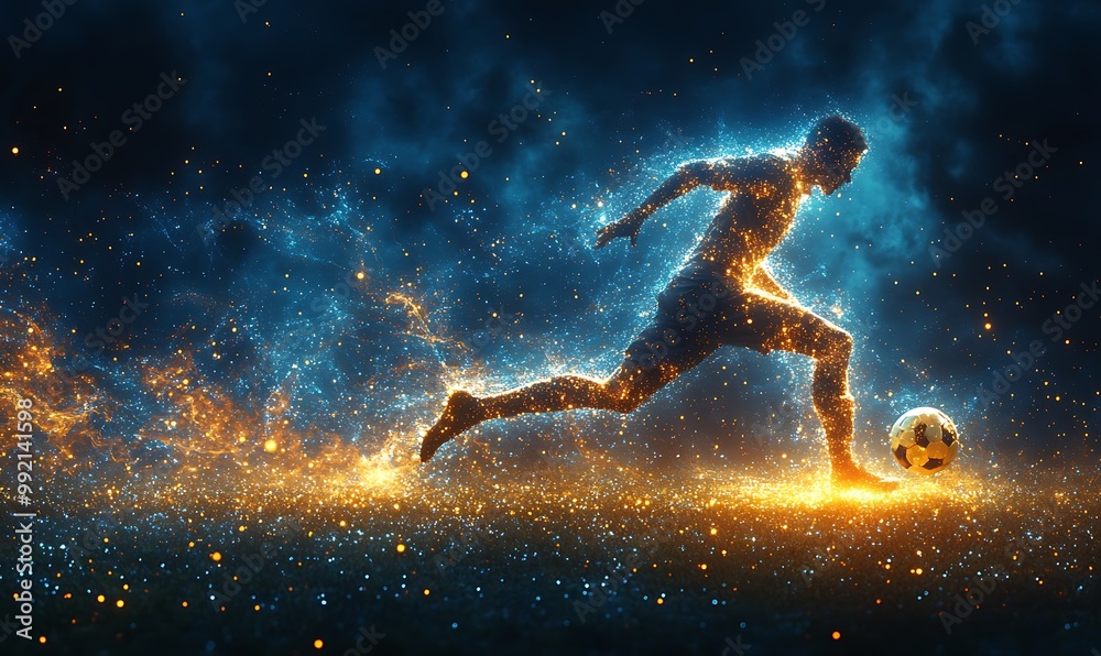 Blue digital soccer player with glowing data, artificial intelligence ...