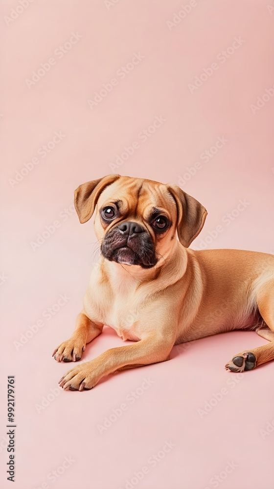 A Puggle dog lying comfortably on a pastel solid color background ...