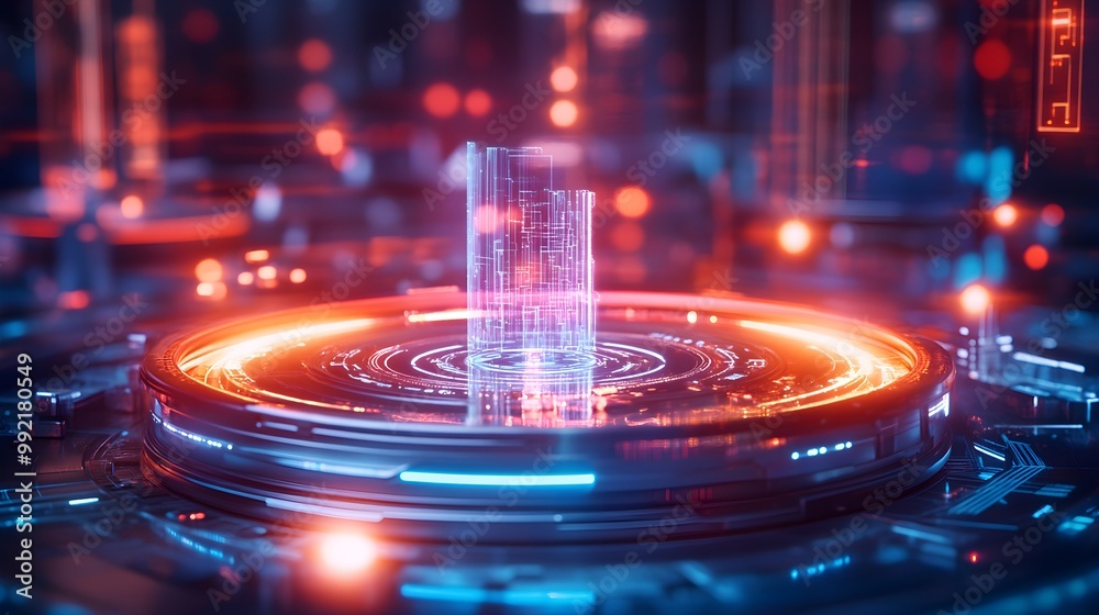 A futuristic circular lab with a central AI hub, scientists in ...