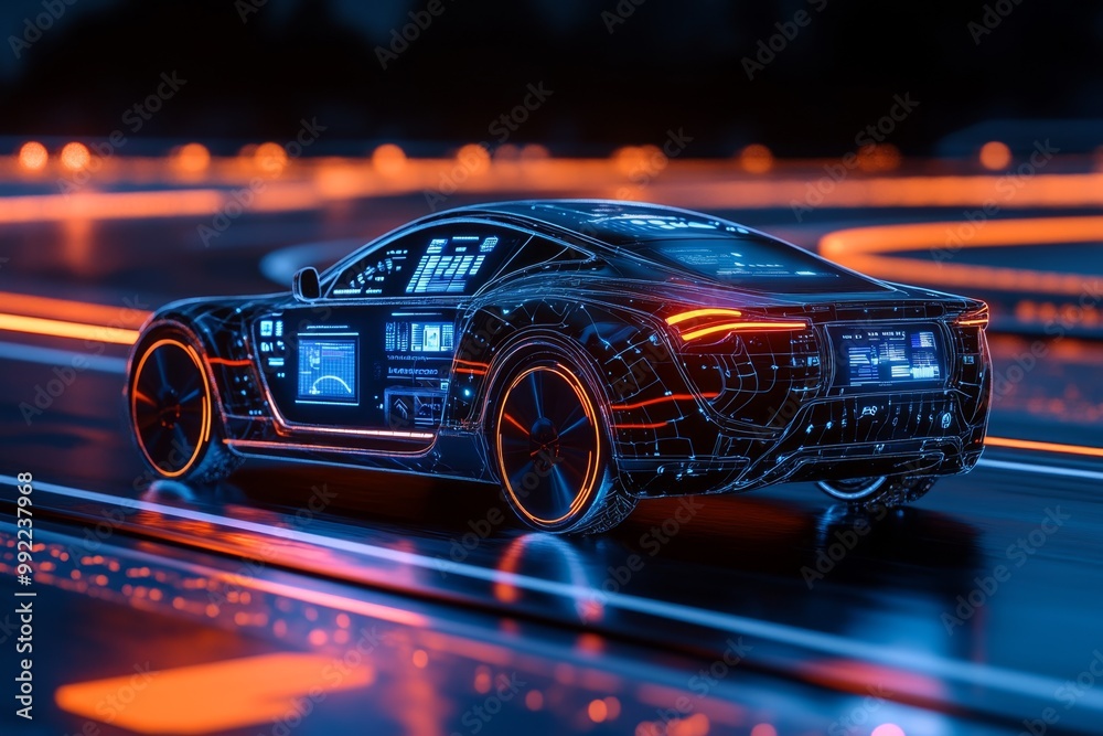 A 3D-rendered scene of a futuristic car with digital safety features ...