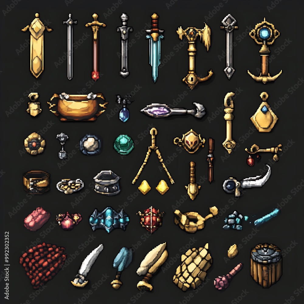 Pixel art sprite sheet of fantasy game weapons, armor, and treasure ...