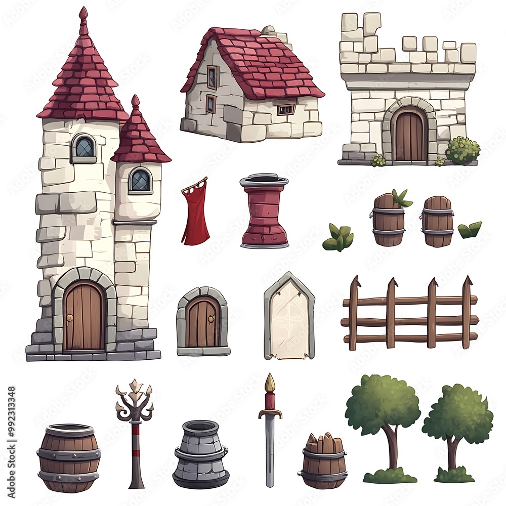 Medieval Castle Game Assets Set, Tower, House, Gate, Fence, Barrels ...