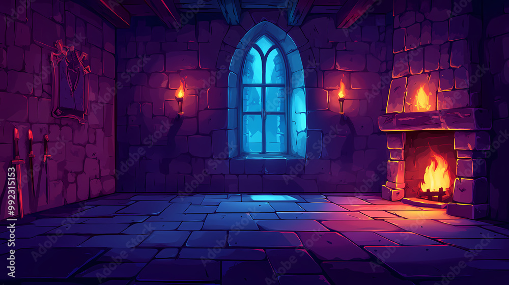 Night medieval stone castle cartoon game background. mystic dungeon ...