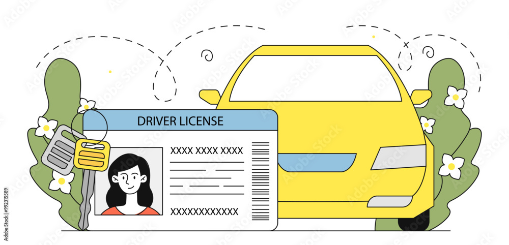 Drivers license concept. Female drivers license near yellow car ...