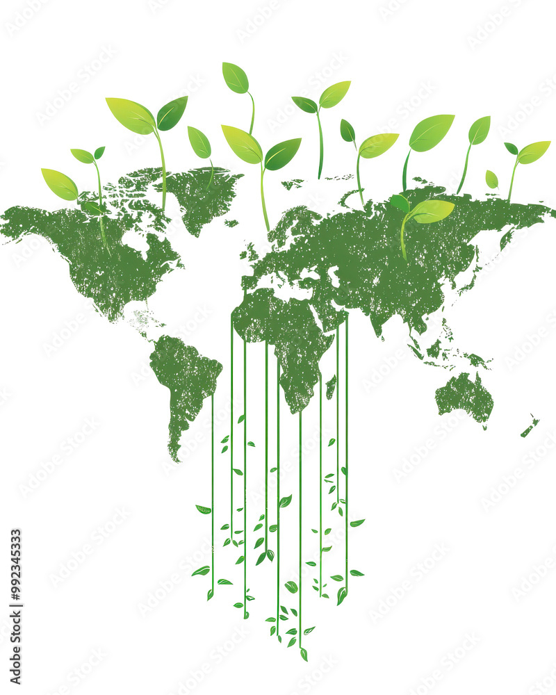 Green world map with sprouting plants, isolated white background. Stock ...