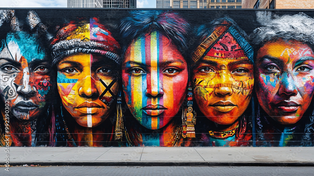 colorful mural of indigenous women in urban setting - street art ...