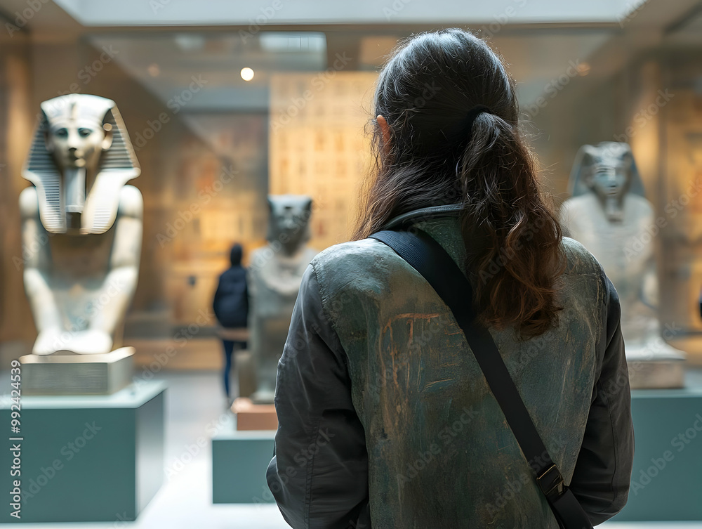 Person observing ancient Egyptian statues in a museum, showcasing rich ...