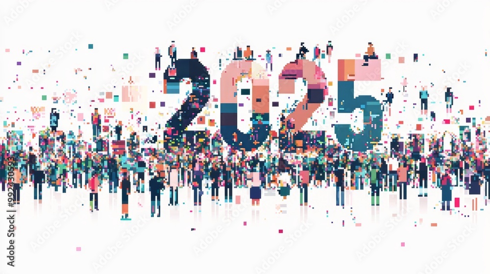 Flat 2D illustration of '2025', using pixel-art style characters in a ...