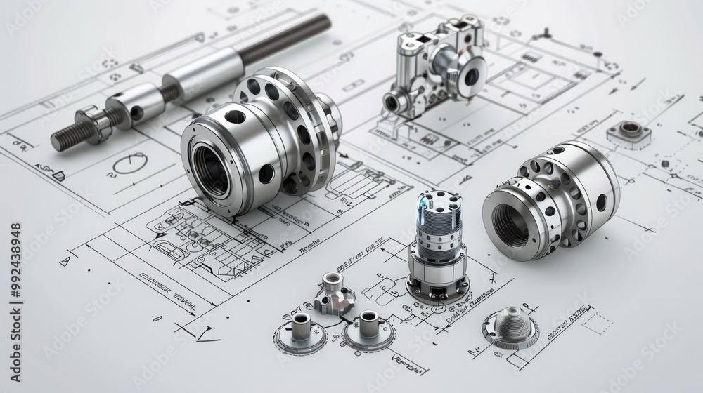 A technical drawing of a complex metal part, with dimensions and ...