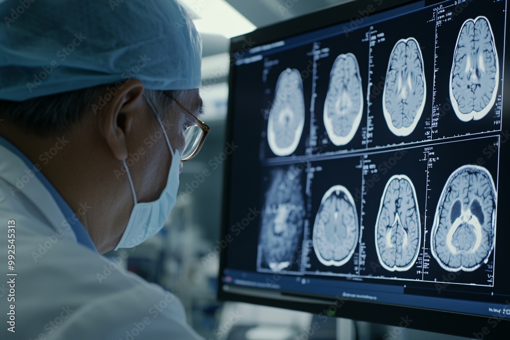 Medical professional analyzing brain scans on a computer screen in a ...