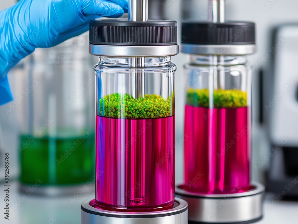 Scientist inserting genetically modified organisms into bioreactors in ...