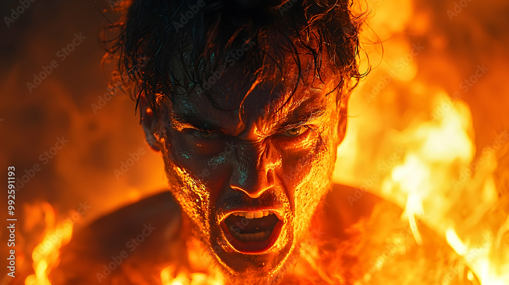 Man with an open-mouthed roar, his eyes blazing with fury, veins ...