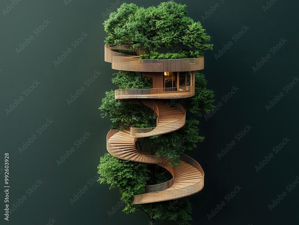 A multi-story tree house with an internal spiral staircase, connecting ...