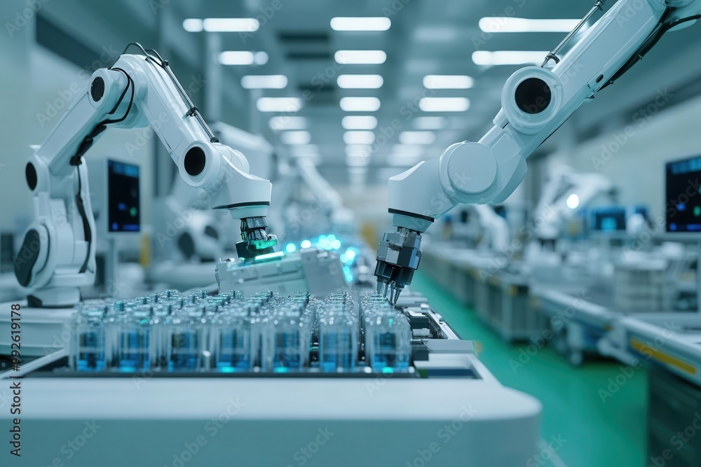 Robotic arms sorting medical equipment in a high-tech hospital ...