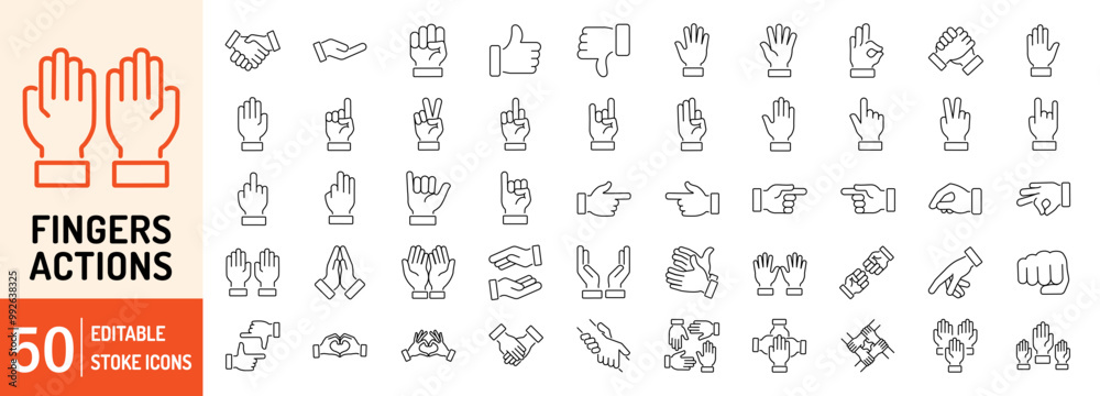 Стоковое векторное изображение «Fingers Actions editable stroke outline ...