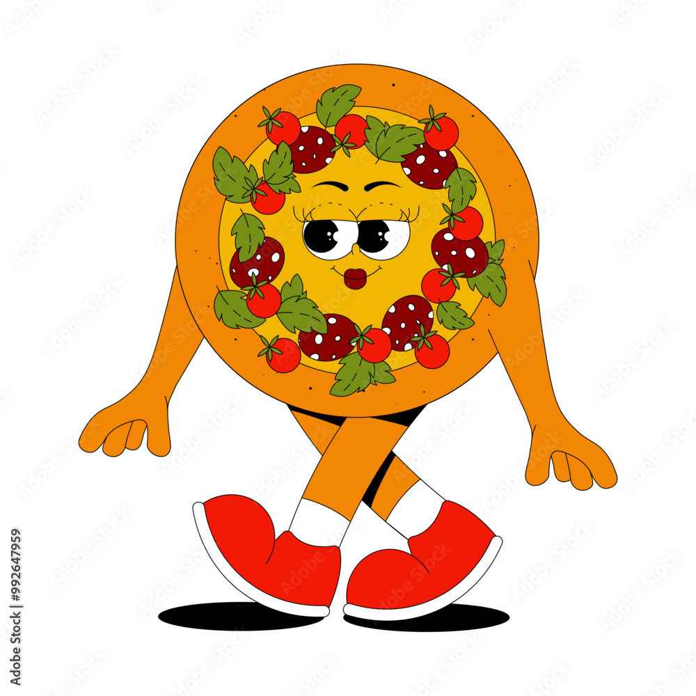 Funky round pizza character with pepperoni, tomatoes, basil in trendy ...