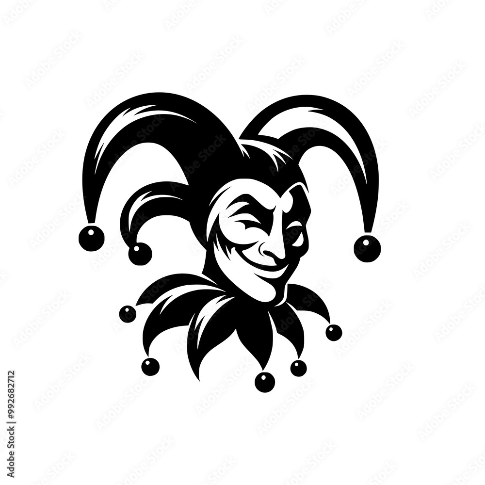 Vector logo of a jester isolated on a white background. Black and white ...