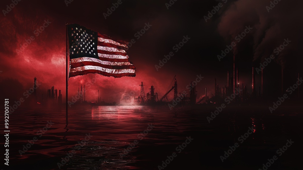 Surreal dark ocean scene with an American flag floating above a sea of ...