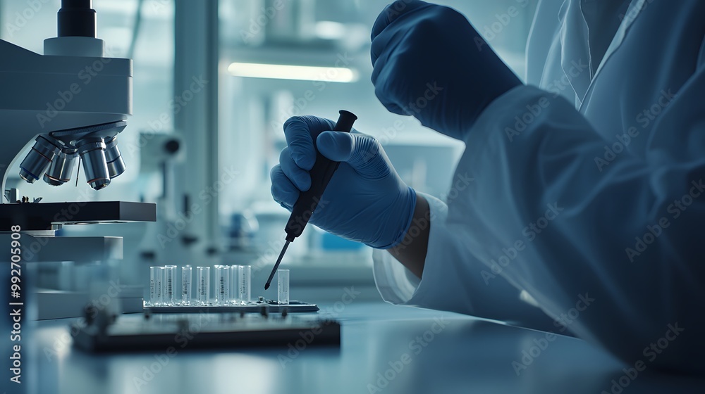 Scientist in lab coat holding molecular model of serotonin receptor ...