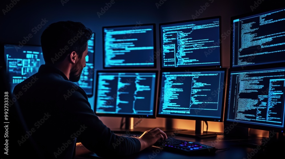 Hacker programmer in dark room multiple computer screens filled with complex code attempting to ...