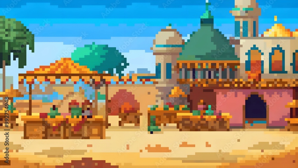 Arabian bazaar during daytime pixel art background. 8-bit game assets ...